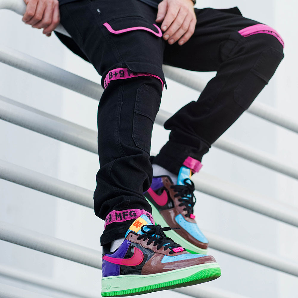 Strapped Up Slim Jet Black Denim Jeans Pink Straps – 8&9 Clothing Co.