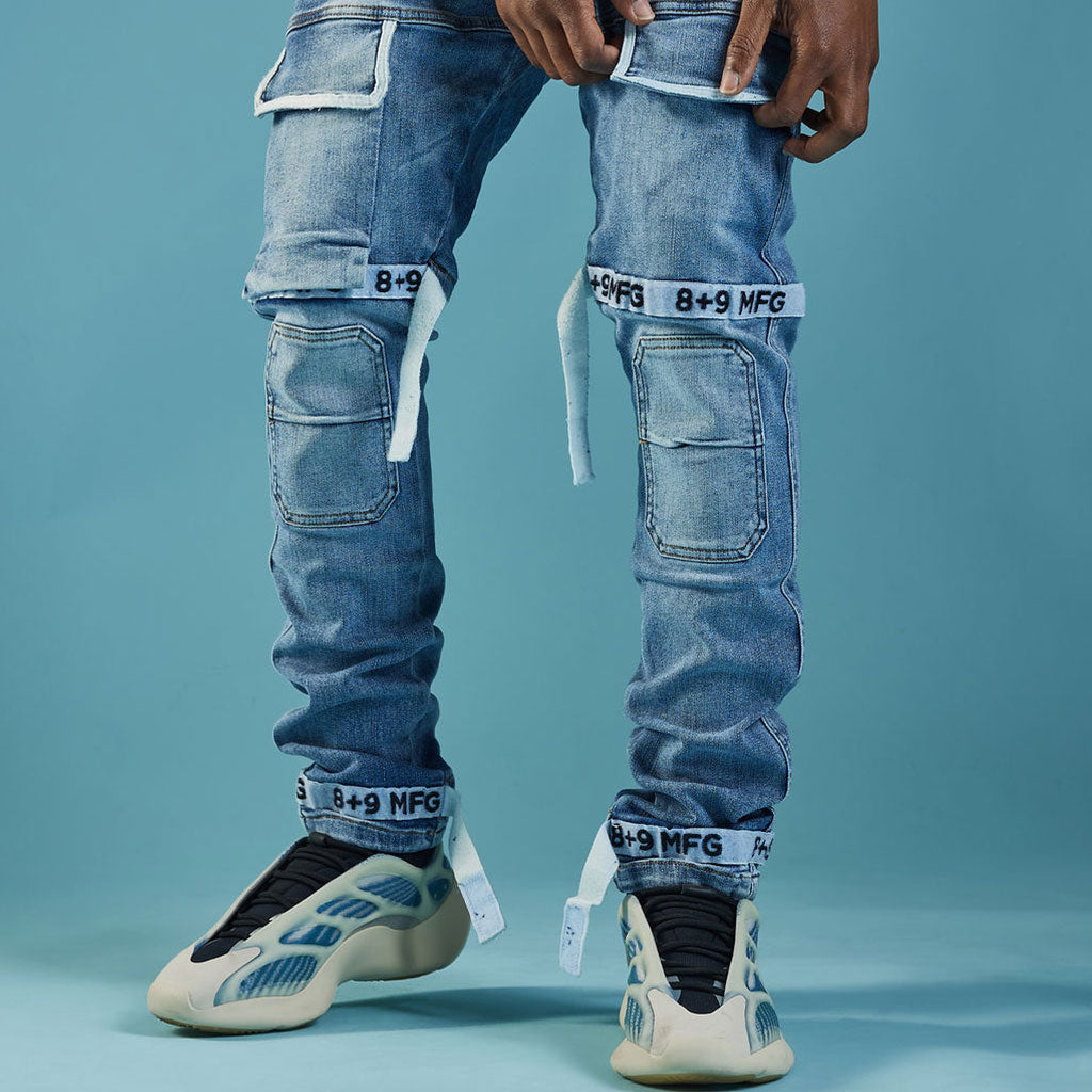 Strapped Up Slim Utility Medium Washed Jeans White – 8&9 Clothing Co.