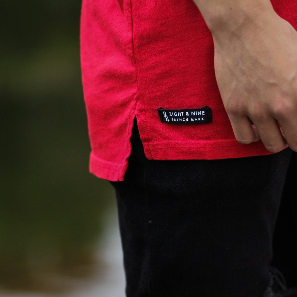 Triple Beam Long Line T-Shirt Red | Clean Streetwear Elongated Shirt ...